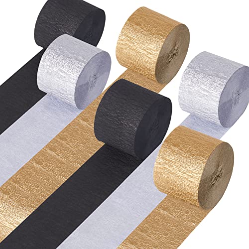 Gold Silver Black Streamers, 6 Rolls 492 Ft Crepe Paper Party Streamers Tassels Backdrop Party Supplies for Bachelorette Party Bridal Shower Wedding Baby Shower Birthday Halloween, 82 Ft/Roll