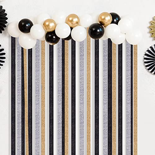 Gold Silver Black Streamers, 6 Rolls 492 Ft Crepe Paper Party Streamers Tassels Backdrop Party Supplies for Bachelorette Party Bridal Shower Wedding Baby Shower Birthday Halloween, 82 Ft/Roll