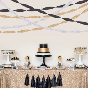 Gold Silver Black Streamers, 6 Rolls 492 Ft Crepe Paper Party Streamers Tassels Backdrop Party Supplies for Bachelorette Party Bridal Shower Wedding Baby Shower Birthday Halloween, 82 Ft/Roll