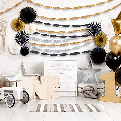 Gold Silver Black Streamers, 6 Rolls 492 Ft Crepe Paper Party Streamers Tassels Backdrop Party Supplies for Bachelorette Party Bridal Shower Wedding Baby Shower Birthday Halloween, 82 Ft/Roll