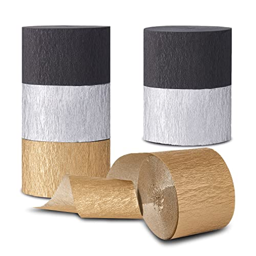 Gold Silver Black Streamers, 6 Rolls 492 Ft Crepe Paper Party Streamers Tassels Backdrop Party Supplies for Bachelorette Party Bridal Shower Wedding Baby Shower Birthday Halloween, 82 Ft/Roll