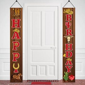 western cowboy happy birthday door banner decorations, western theme cowboy theme birthday party supplies, wild west cowboy birthday photo booth props decor for indoor outdoor