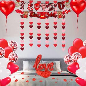 Valentines Day Decorations Set Romantic Bear Heart Banner Set Red Heart and Love Foil Balloons Red White Latex Balloons with 1000pcs Red Rose Petals Party Decor for Wedding Engagement Anniversary