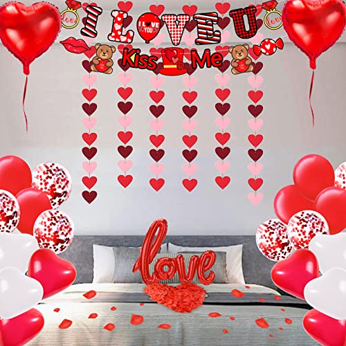 Valentines Day Decorations Set Romantic Bear Heart Banner Set Red Heart and Love Foil Balloons Red White Latex Balloons with 1000pcs Red Rose Petals Party Decor for Wedding Engagement Anniversary