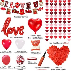 Valentines Day Decorations Set Romantic Bear Heart Banner Set Red Heart and Love Foil Balloons Red White Latex Balloons with 1000pcs Red Rose Petals Party Decor for Wedding Engagement Anniversary