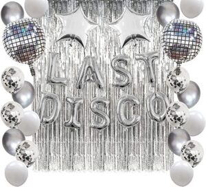 silver bachelorette party decorations kit, last disco bachelorette party balloons banner with 4d disco balls, silver fringe curtain for bridal shower, nashville bachelorette party, last dance party decor