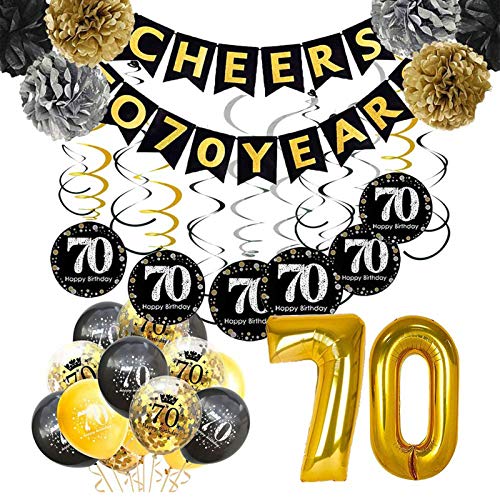 Trgowaul 70th Birthday Party Decorations Kit- Gold Glittery Cheers to 70 Years Banner, Pom Poms, 6Pcs Sparkling 70 Hanging Swirl, 1 Gold Number Balloon and 15 Confetti Balloons 70 Birthday Decoration