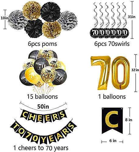 Trgowaul 70th Birthday Party Decorations Kit- Gold Glittery Cheers to 70 Years Banner, Pom Poms, 6Pcs Sparkling 70 Hanging Swirl, 1 Gold Number Balloon and 15 Confetti Balloons 70 Birthday Decoration