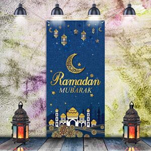 ramadan mubarak decorative door cover eid mubarak backdrop hanging ramadan mubarak door banner eid al-fitr celebration decoration for door cover muslim ramadan party supplies, 5.9 x 2.9 feet