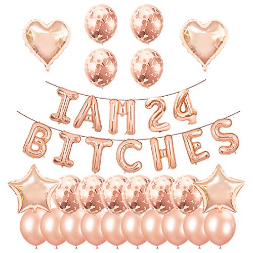 Santonila 24th Birthday Party Set-I am 24 Bitches Funny Banner Confetti Rose Gold Balloons for Girls 24 Years Old Birthday Decorations