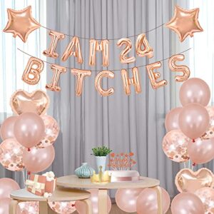 Santonila 24th Birthday Party Set-I am 24 Bitches Funny Banner Confetti Rose Gold Balloons for Girls 24 Years Old Birthday Decorations