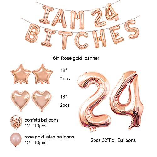 Santonila 24th Birthday Party Set-I am 24 Bitches Funny Banner Confetti Rose Gold Balloons for Girls 24 Years Old Birthday Decorations