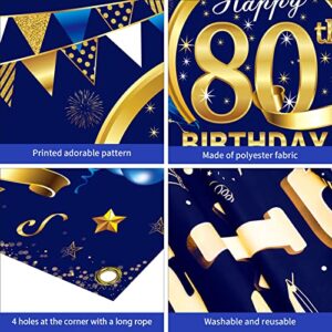 Blue Happy Birthday Banner Decorations for Men, Blue Gold Birthday Backdrop Party Supplies, Birthday Photo Background Sign Decor (blue 80th)