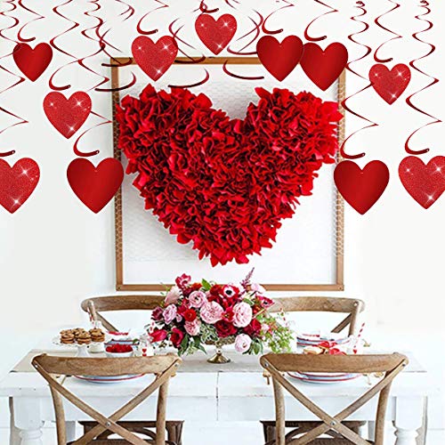 Mocossmy Valentine's Day Heart Hanging Swirl Decorations,32 Pack Glitter Red Love Heart Foil Swirls Ceiling Streamers for Date Engagement Wedding Anniversary Birthday Party Favors Supplies Ornaments