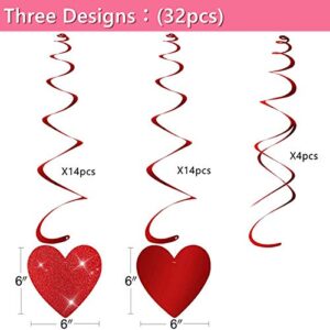 Mocossmy Valentine's Day Heart Hanging Swirl Decorations,32 Pack Glitter Red Love Heart Foil Swirls Ceiling Streamers for Date Engagement Wedding Anniversary Birthday Party Favors Supplies Ornaments