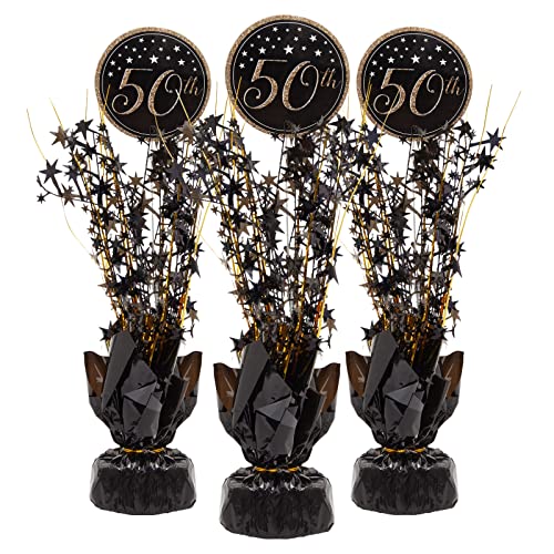 3 Pack 50th Birthday Decorations, Black and Gold 50th Anniversary Cascading Centerpieces (14.5 Inches)