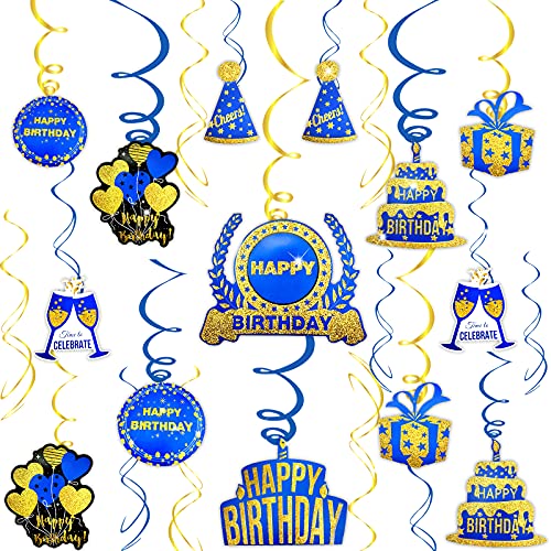 Blue and Gold Birthday Hanging Swirl Decorations(Real Glitter), Happy Birthday Party Decoration Blue Gold Ceilling Party Decorations Supplies for Her Him