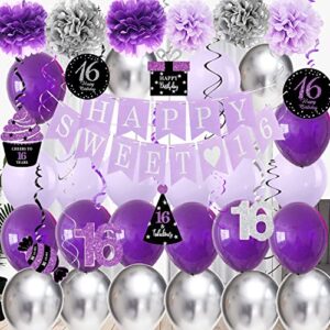 Sweet 16 Birthday Decorations Purple-Sweet 16 Purple Party 16th Birthday Banner 16th Birthday Party Supplies Purple Silver Black Foil Hanging Swirls for Girl 16th Birthday Party Decorations