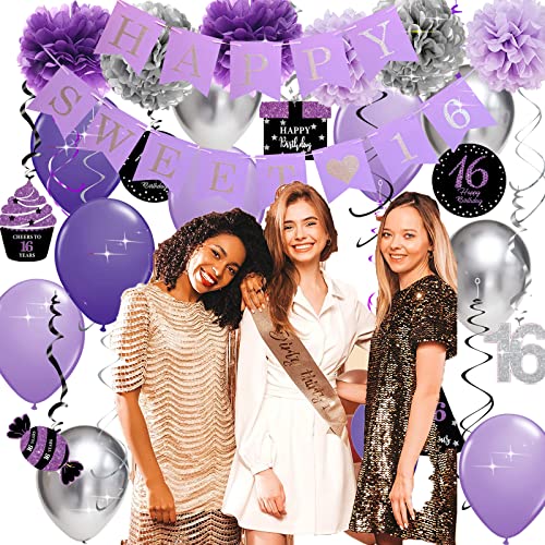 Sweet 16 Birthday Decorations Purple-Sweet 16 Purple Party 16th Birthday Banner 16th Birthday Party Supplies Purple Silver Black Foil Hanging Swirls for Girl 16th Birthday Party Decorations