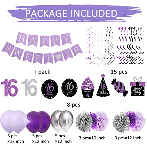 Sweet 16 Birthday Decorations Purple-Sweet 16 Purple Party 16th Birthday Banner 16th Birthday Party Supplies Purple Silver Black Foil Hanging Swirls for Girl 16th Birthday Party Decorations