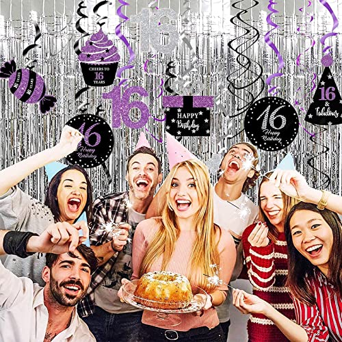 Sweet 16 Birthday Decorations Purple-Sweet 16 Purple Party 16th Birthday Banner 16th Birthday Party Supplies Purple Silver Black Foil Hanging Swirls for Girl 16th Birthday Party Decorations