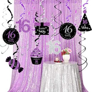 Sweet 16 Birthday Decorations Purple-Sweet 16 Purple Party 16th Birthday Banner 16th Birthday Party Supplies Purple Silver Black Foil Hanging Swirls for Girl 16th Birthday Party Decorations