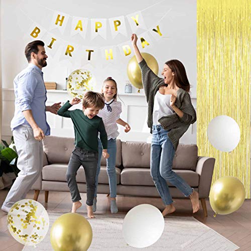 ANSOMO Gold Happy Birthday Party Decorations Banner Balloons Foil Fringe Curtains - Gold & White