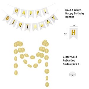 ANSOMO Gold Happy Birthday Party Decorations Banner Balloons Foil Fringe Curtains - Gold & White