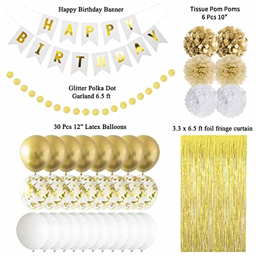 ANSOMO Gold Happy Birthday Party Decorations Banner Balloons Foil Fringe Curtains - Gold & White