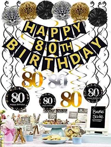 Famoby Black & Gold Glittery Happy 80th Birthday Banner,Poms,Sparkling 80 Hanging Swirls Kit for 80th Birthday Party 80th Anniversary Decorations Supplies