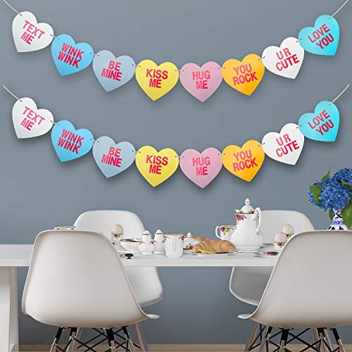 [Pack of 2]Valentines Day Conversation Hearts Banner - NO DIY - Valentines Day Banner Decor - Eight Valentines Day Heart Sayings Garland Banner, Six Feet Long - Anniversary, Wedding, Party Decorations