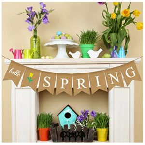 hello spring banner burlap decorations, happy spring banner garland with flower for mantle fireplace supplies spring bunting garland banner decoration for home spring themed party decor