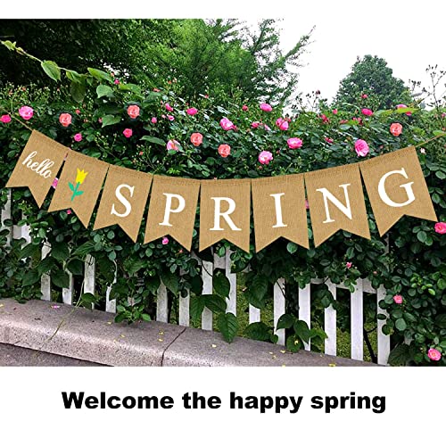 Hello Spring Banner Burlap Decorations, Happy Spring Banner Garland with Flower for Mantle Fireplace Supplies Spring Bunting Garland Banner Decoration for Home Spring Themed Party Decor