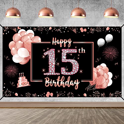 15th Birthday Decorations Banner Backdrop for Girls, Rose Gold Happy 15 Birthday Background Sign Party Supplies, Sweet 15 Year Old Birthday Poster Decor