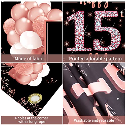 15th Birthday Decorations Banner Backdrop for Girls, Rose Gold Happy 15 Birthday Background Sign Party Supplies, Sweet 15 Year Old Birthday Poster Decor