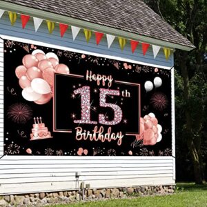 15th Birthday Decorations Banner Backdrop for Girls, Rose Gold Happy 15 Birthday Background Sign Party Supplies, Sweet 15 Year Old Birthday Poster Decor