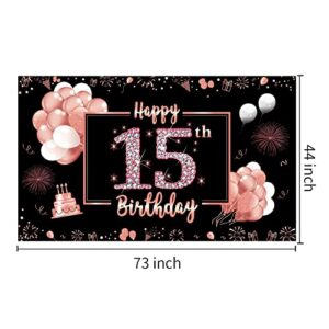 15th Birthday Decorations Banner Backdrop for Girls, Rose Gold Happy 15 Birthday Background Sign Party Supplies, Sweet 15 Year Old Birthday Poster Decor