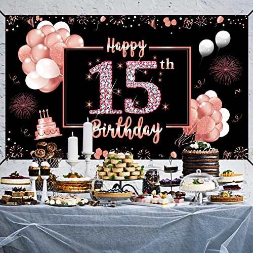 15th Birthday Decorations Banner Backdrop for Girls, Rose Gold Happy 15 Birthday Background Sign Party Supplies, Sweet 15 Year Old Birthday Poster Decor