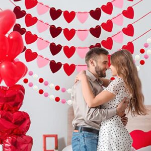 Fovths 6 Pack Valentines Day Garland Set 60 Balls Felt Garland and 40 Pieces Felt Heart Garland Banner Red Pink White Pom Pom Garland for Valentine Day Decorations, No DIY