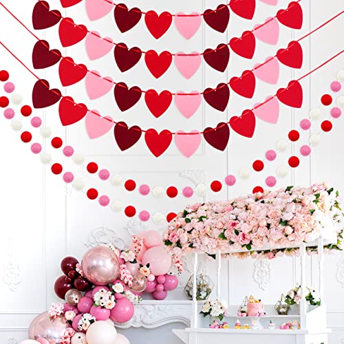 Fovths 6 Pack Valentines Day Garland Set 60 Balls Felt Garland and 40 Pieces Felt Heart Garland Banner Red Pink White Pom Pom Garland for Valentine Day Decorations, No DIY