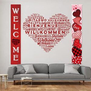 2 Pcs Valentine's Day Door Banner Decoration Valentine Hanging Front Porch Welcome Sign Red Buffalo Plaid Love Heart Banner Romantic for the Home Wall School Office Indoor Outdoor Party Supplies Decor