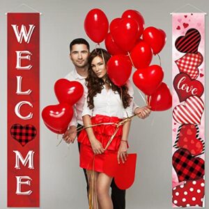 2 Pcs Valentine's Day Door Banner Decoration Valentine Hanging Front Porch Welcome Sign Red Buffalo Plaid Love Heart Banner Romantic for the Home Wall School Office Indoor Outdoor Party Supplies Decor