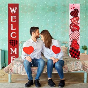 2 Pcs Valentine's Day Door Banner Decoration Valentine Hanging Front Porch Welcome Sign Red Buffalo Plaid Love Heart Banner Romantic for the Home Wall School Office Indoor Outdoor Party Supplies Decor