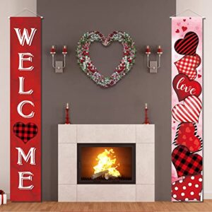 2 Pcs Valentine's Day Door Banner Decoration Valentine Hanging Front Porch Welcome Sign Red Buffalo Plaid Love Heart Banner Romantic for the Home Wall School Office Indoor Outdoor Party Supplies Decor