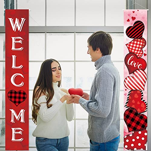 2 Pcs Valentine's Day Door Banner Decoration Valentine Hanging Front Porch Welcome Sign Red Buffalo Plaid Love Heart Banner Romantic for the Home Wall School Office Indoor Outdoor Party Supplies Decor