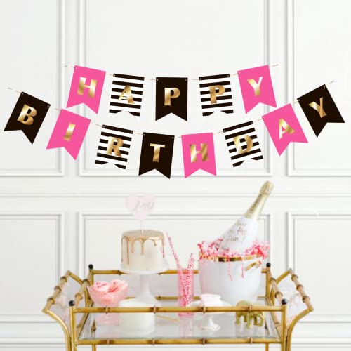 Premium Happy Birthday Banner Party Decorations | Bunting Garland | Hot Pink Gold Black White | Chic Kate Spade Inspired | First, 10th, 18th, 21st, 30th, 40th, 50th, 60th etc | for Girls, Women