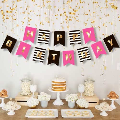 Premium Happy Birthday Banner Party Decorations | Bunting Garland | Hot Pink Gold Black White | Chic Kate Spade Inspired | First, 10th, 18th, 21st, 30th, 40th, 50th, 60th etc | for Girls, Women