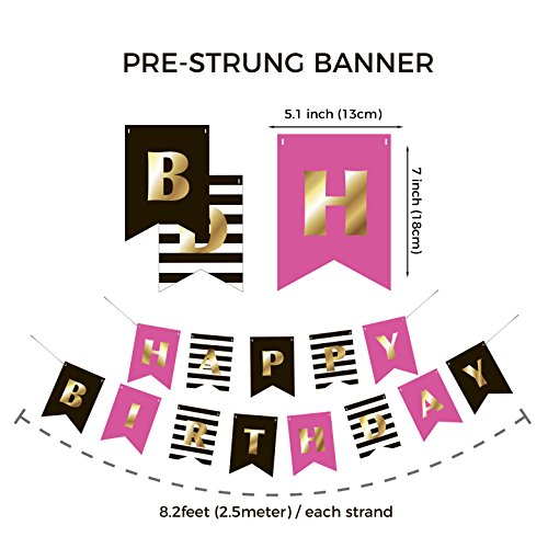 Premium Happy Birthday Banner Party Decorations | Bunting Garland | Hot Pink Gold Black White | Chic Kate Spade Inspired | First, 10th, 18th, 21st, 30th, 40th, 50th, 60th etc | for Girls, Women