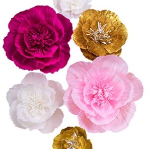 Letjolt Paper Flowers Decorations for Wall Fall Flower Decor 1st Birthday Backdrop Wedding Flower Birthday Baby Shower Nursery Wall(Rose Pink White Golden Set 6)