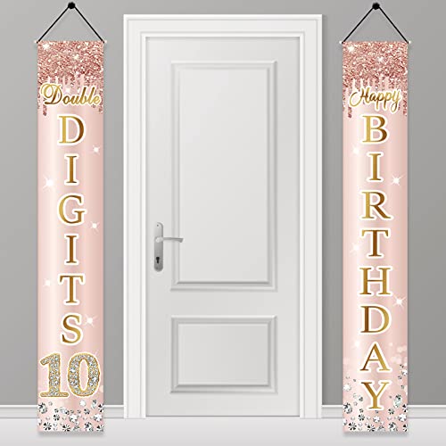 10th Birthday Door Banner Decorations for Girls, Pink Rose Gold Happy 10 Birthday Door Porch Backdrop Party Supplies, Ten Year Old Birthday Sign Decor